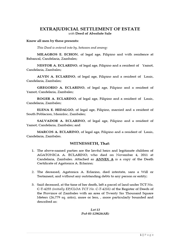 ECLARINO (EXTRAJUDICIAL SETTLEMENTs BY HEIRS With Deed of Sale) | PDF | Legal Documents | Justice