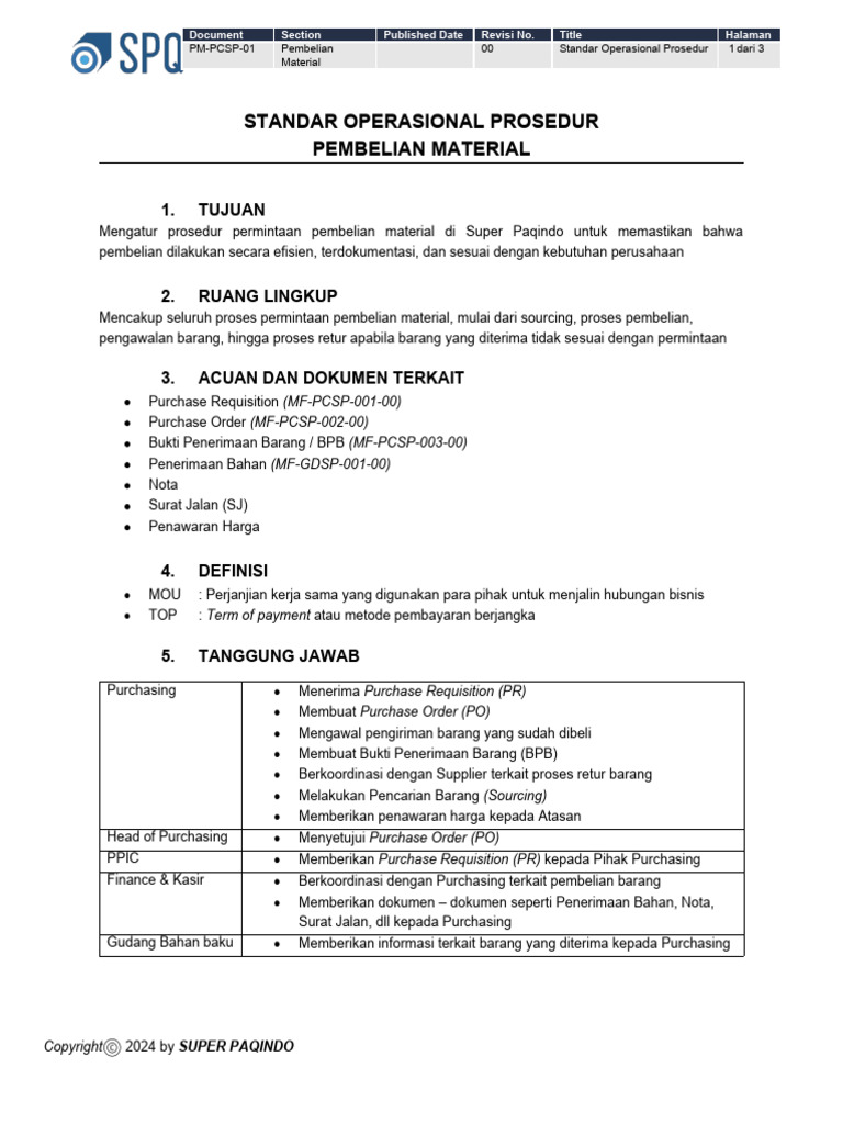 PM-PCSP-01 SOP Pembelian Material | PDF