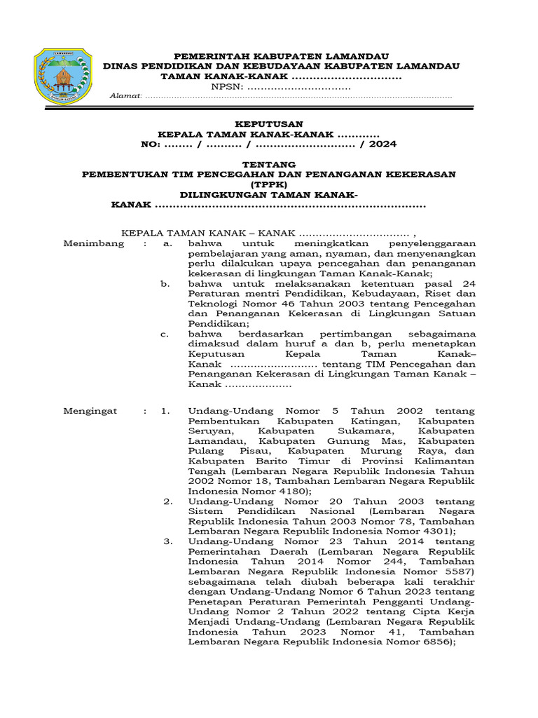 SK TIM Pencegahan Dan Penanganan Kekerasan PAUD-PNF Tahun 2024 | PDF