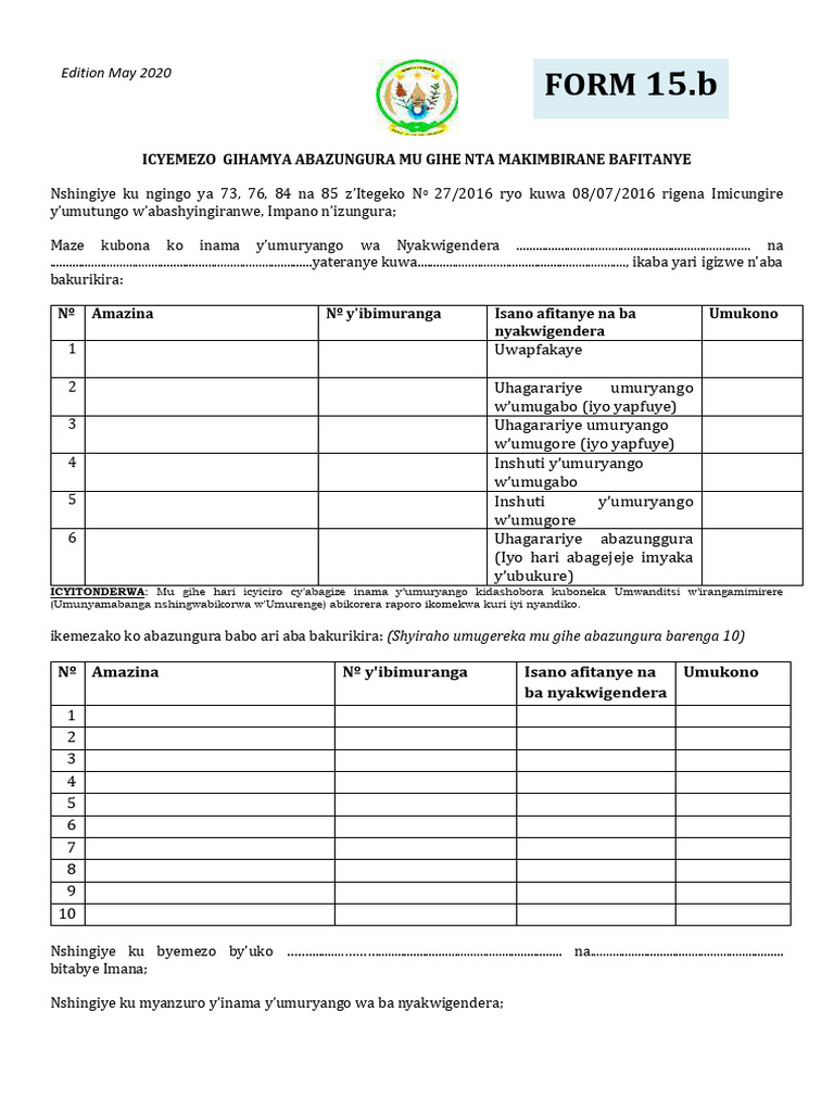Icyemezo Gihamya Abazungura - Form 15B | PDF