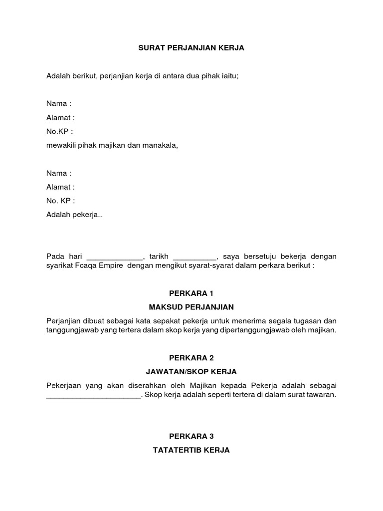 Surat Perjanjian Kerja Majikan-Pekerja | PDF