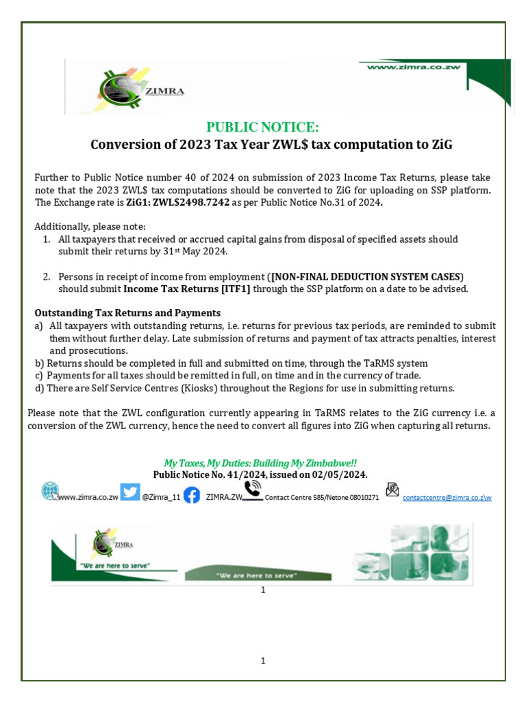 Public Notice 41 of 2024 On Conversion of 2023 Tax Year ZWL Tax ...