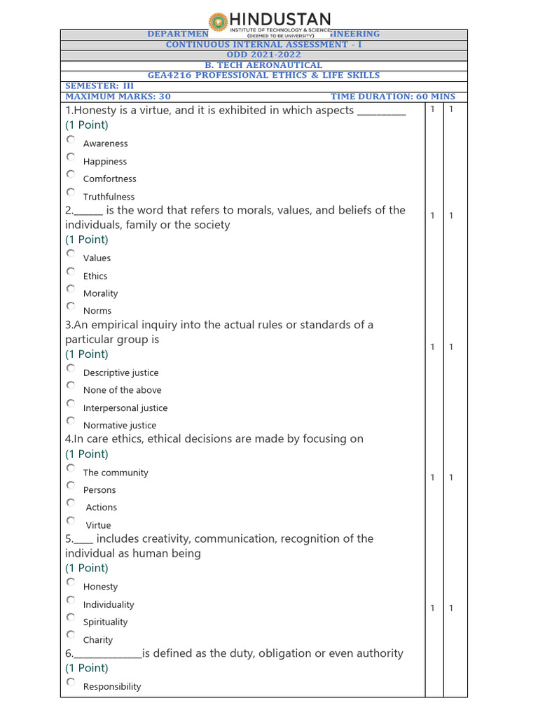 Cia I QP Ethics | PDF | Morality | Social Psychology