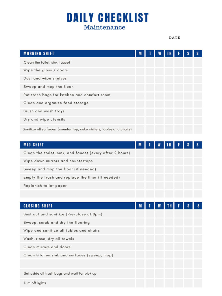 Weekly Checklist | PDF | Sink | Countertop