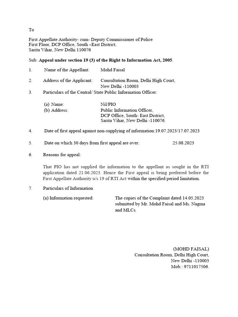 Appeal RTI Before CIC (Nizam) | PDF | Public Law | Civil Rights And ...