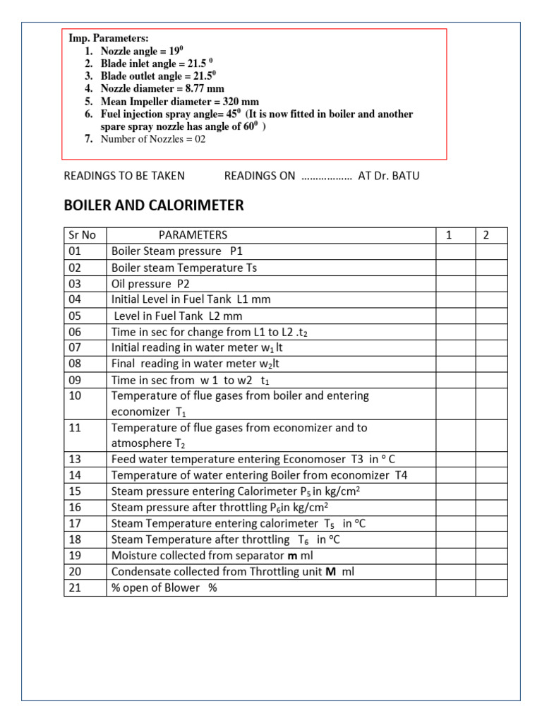 Blank Calculation Sheet of Steam Turbine Test Rig | PDF | Boiler | Turbine