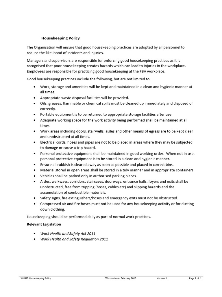 WHS17 Housekeeping Policy Overview | PDF | Housekeeping | Safety