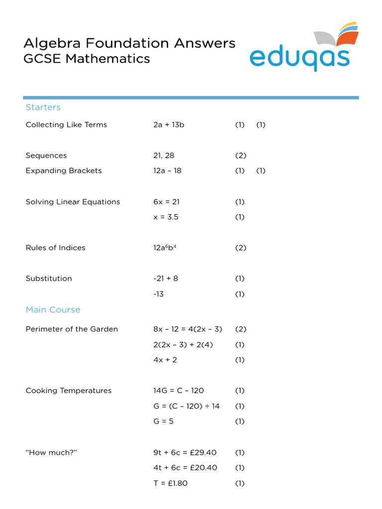 Algebra Foundation Answer Key | PDF | Algebra | Equations