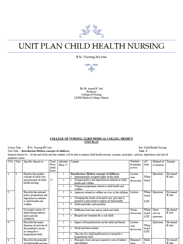 B.Sc Nursing Child Health Unit Plan | PDF | Nursing | Infants