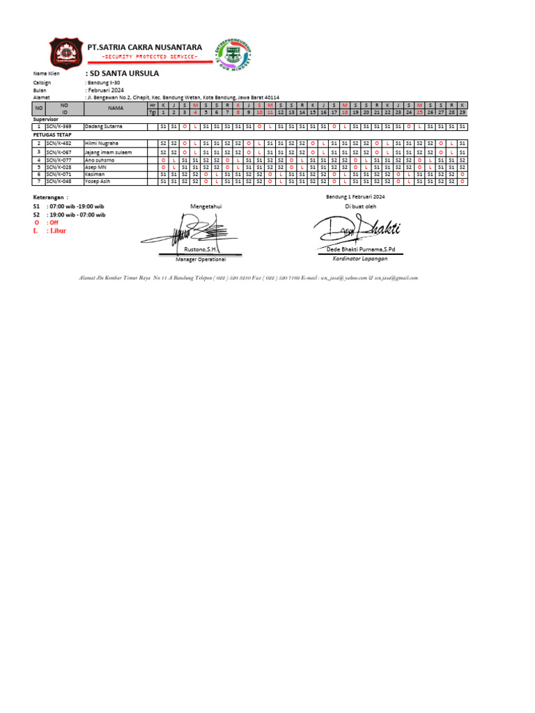 Jadwal Pengamanan SD Santa Ursula Bulan Februari 2024 | PDF