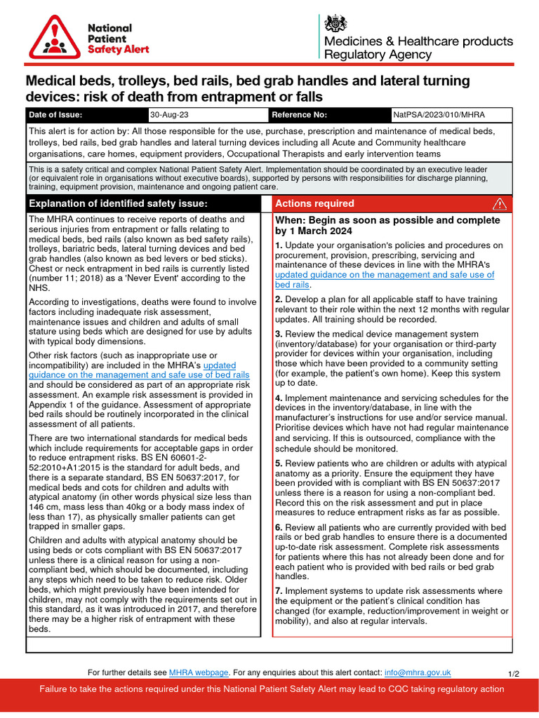 Final NatPSA 2023 010 MHRA Bed Rails | PDF | Caregiver | Medical Device