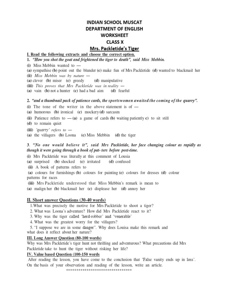 Mrs. Packletide's Tiger: Class 10 Worksheet | PDF
