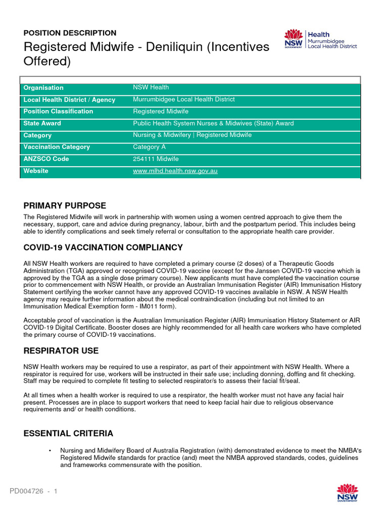 NSWH RequisitionPD REQ457767 | PDF | Midwife | Midwifery