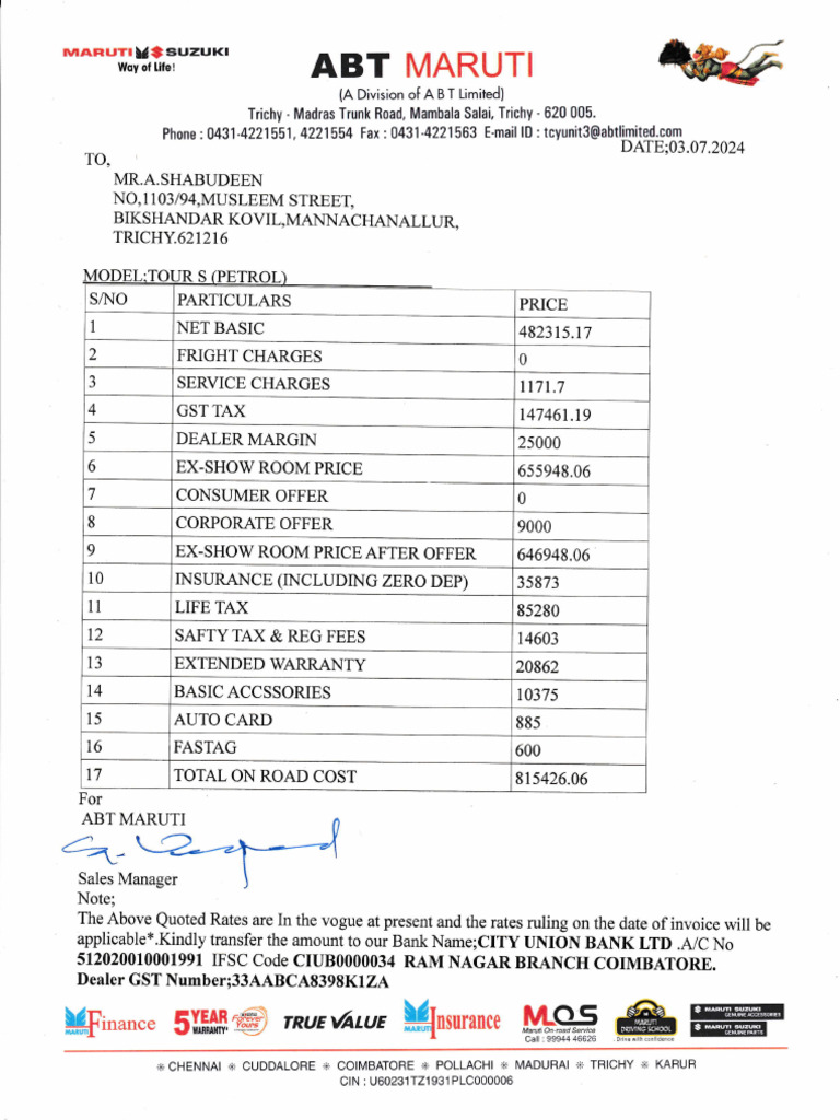 1 Abt Maruti Car Qaotation in GST Number | PDF | Trade | Taxes