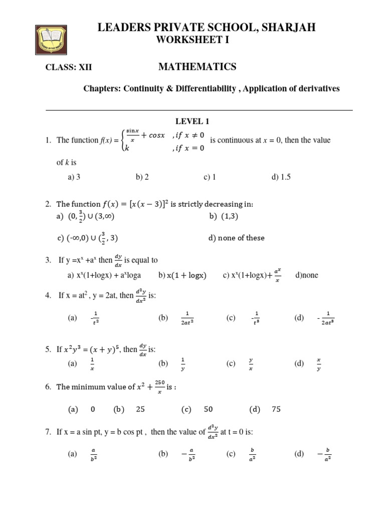 G12 - WS - Differentiation & Application | PDF | Mathematical Concepts | Mathematical Analysis