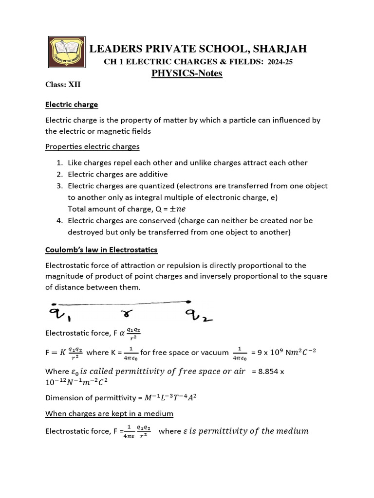 CH1 Electric Charges & Fields (Notes) | PDF | Electric Charge ...