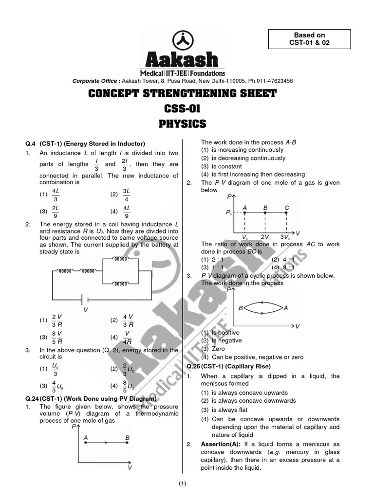 Concept Strengthening Sheet (CSS-01) Based On CST-01 & 02 - (Code-A) - Physics | PDF ...