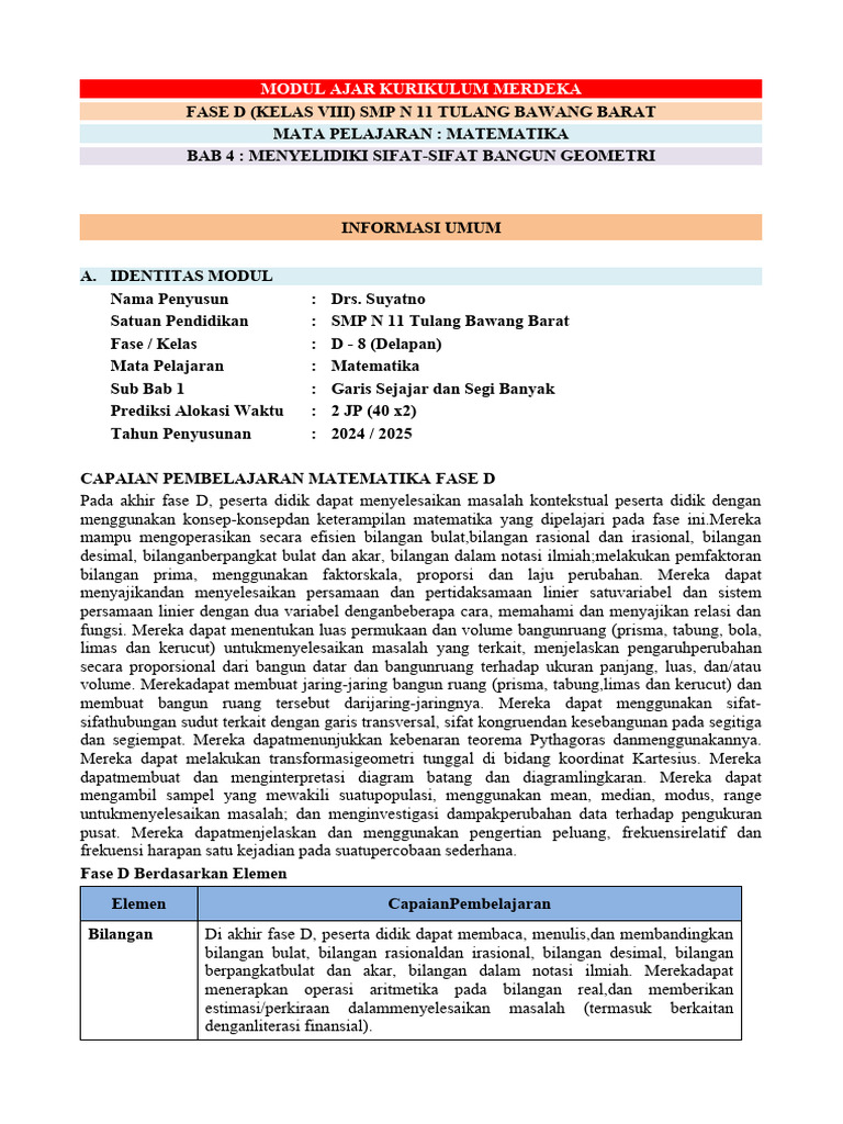 Modul Ajar Matematika Fase D Kelas 8 Bab 4.1 | PDF