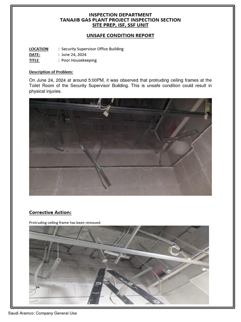 Unsafe Condition Report - Protuding Ceiling Frames | PDF | Technology ...
