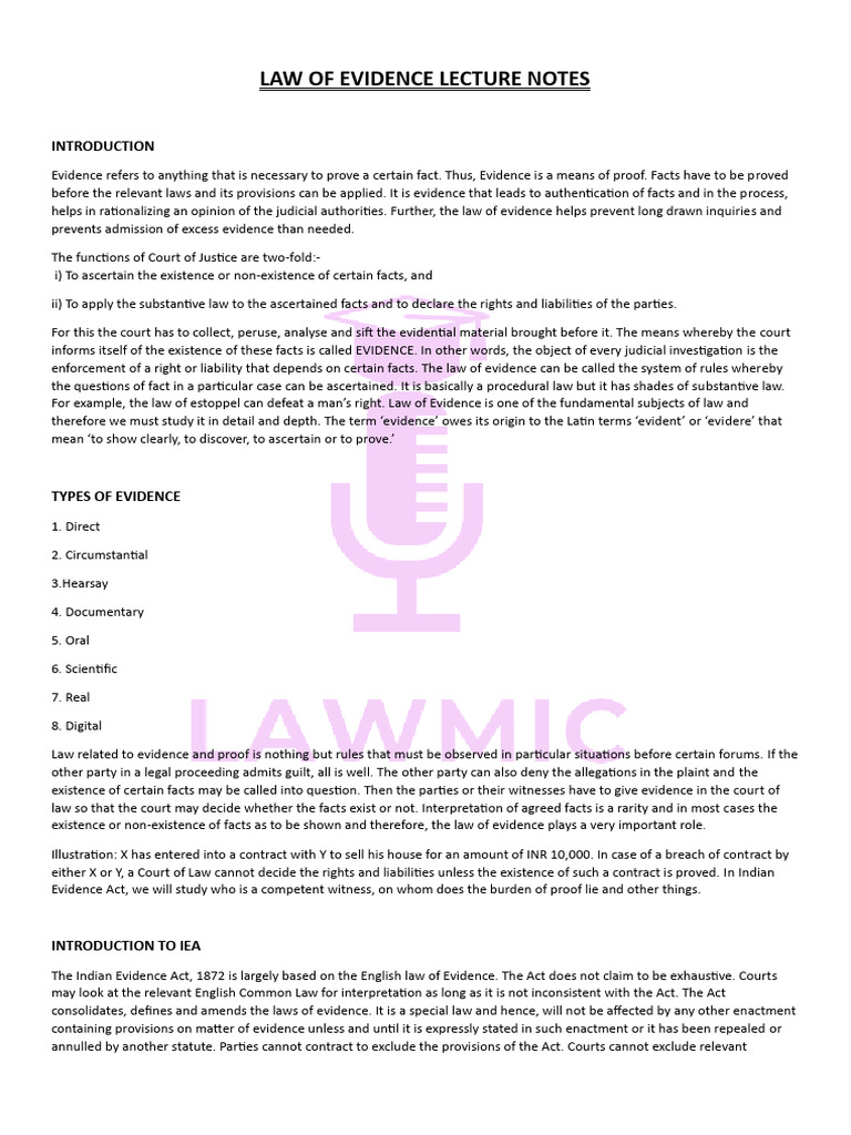 Law of Evidence Lecture Notes | PDF | Evidence (Law) | Evidence