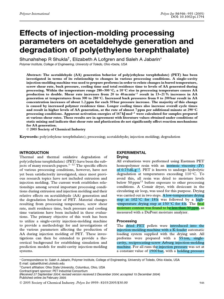 Effects of injection-molding processingparameters on acetaldehyde ...