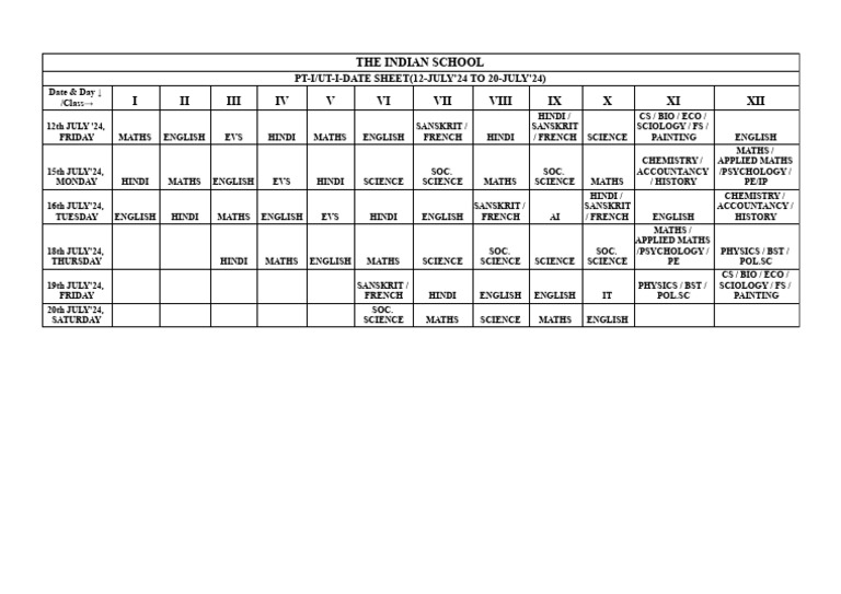PT - I UT-I Date Sheet | PDF