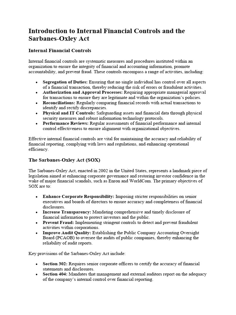 Introduction To Internal Financial Controls and The Sarbanes | PDF | Internal Control | Sarbanes ...
