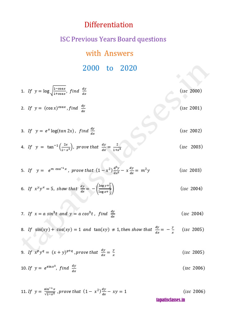 Differentiation. Previous Years Board Questions 2000 To 2020 With ...