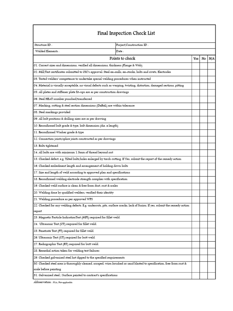 Final Inspection Checklist | PDF | Welding | Construction