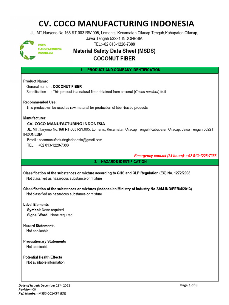 MSDS Coconut Fiber | PDF | Dangerous Goods | Working Conditions
