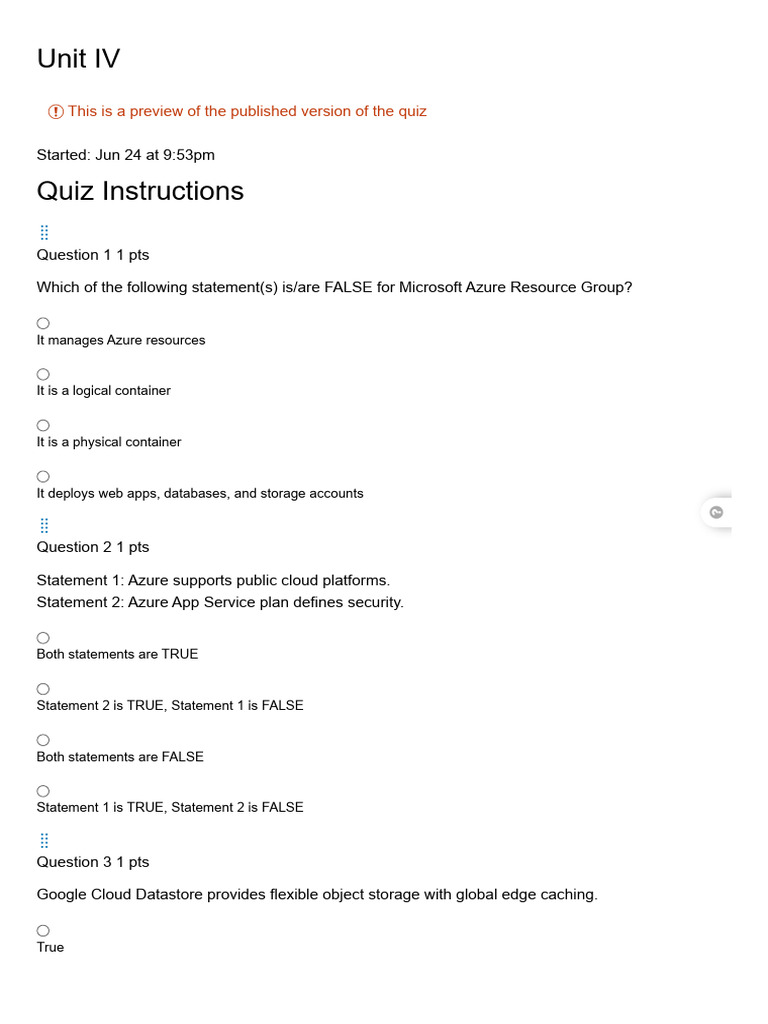 Quiz - Unit IV | PDF | Microsoft Azure | Open Stack