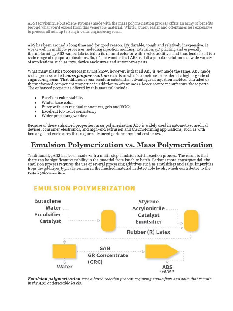 ABS Polimerization - Mass Vs Emulsion Process | PDF | Copolymer | Polymers