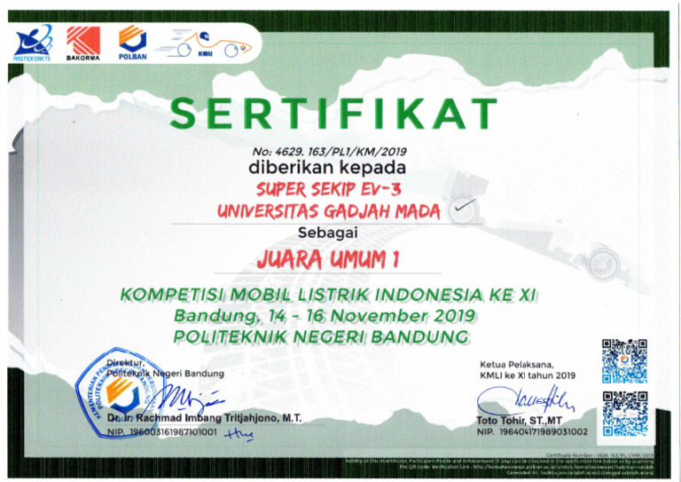 Sertifikat Juara Umum KMLI XI - UGM | PDF