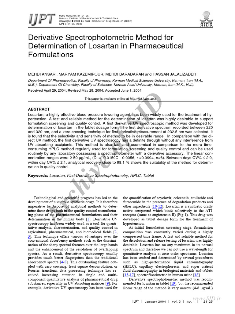 Archive of SID: Derivative Spectrophotometric Method For Determination ...