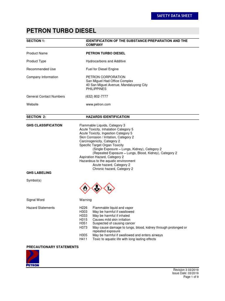 SDS PetronTurbo Diesel | PDF | Dangerous Goods | Toxicity