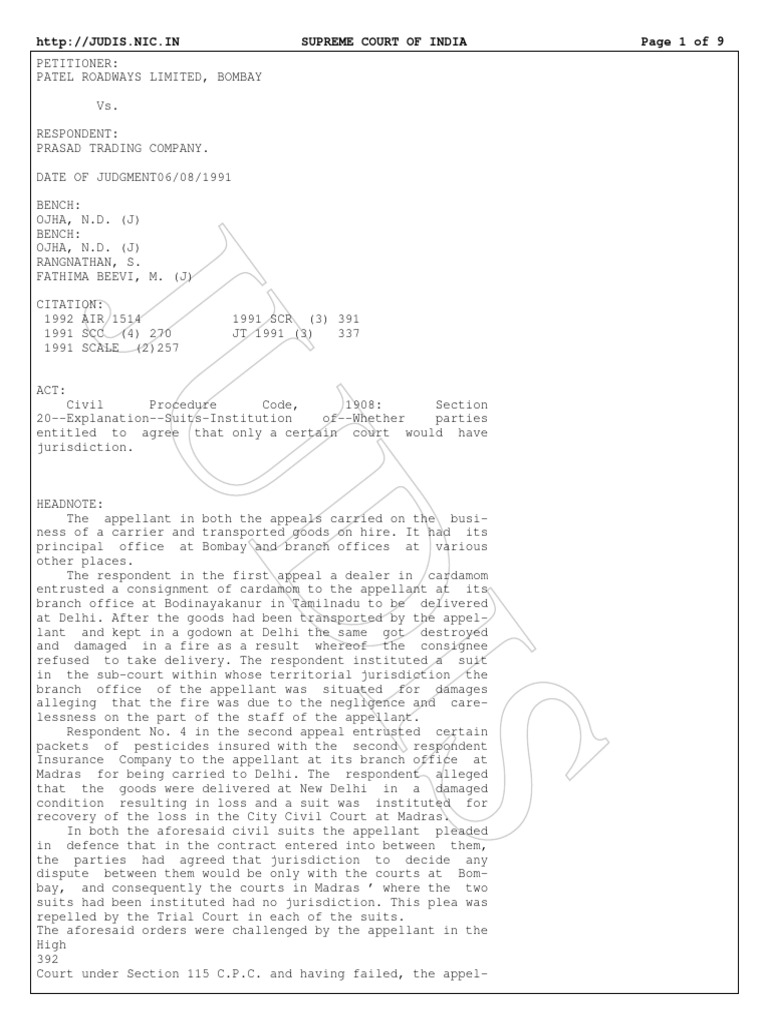 Patel Roadways vs Prasad Trading Case | PDF | Lawsuit | Jurisdiction