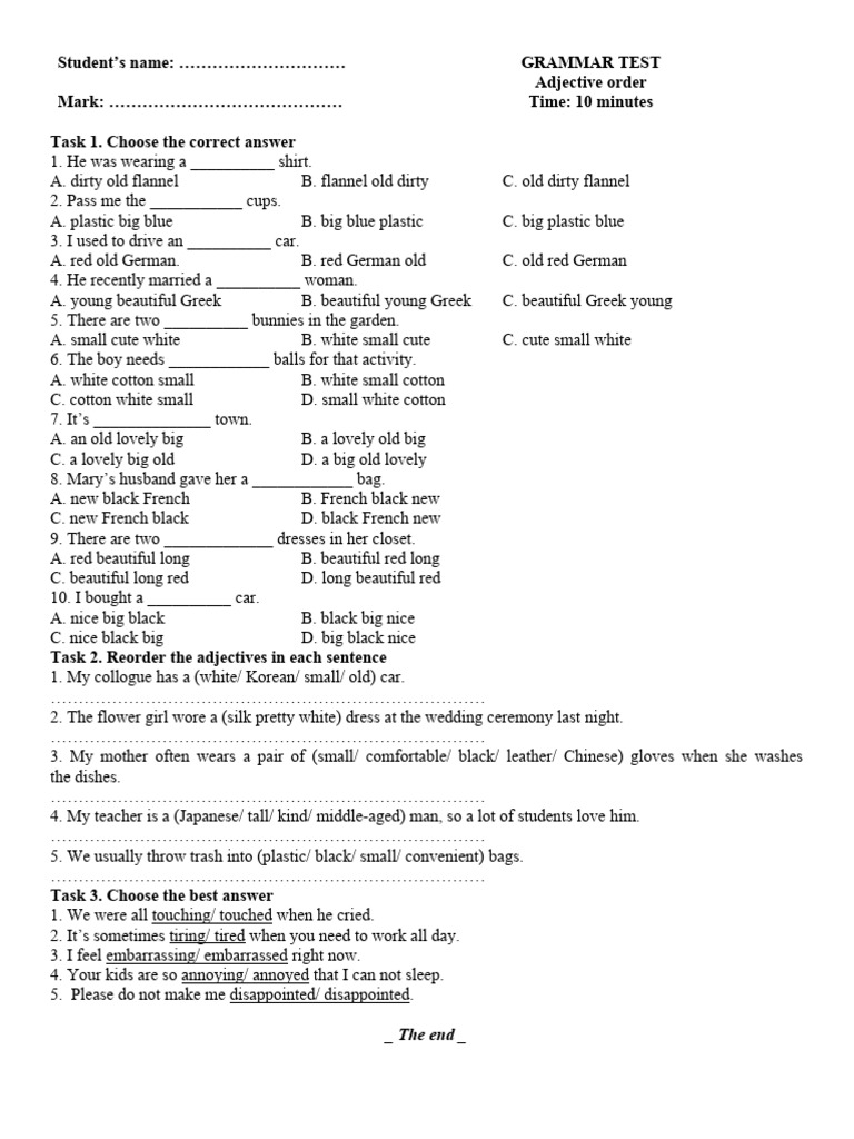 Adjective Order Grammar Test | PDF | Fashion | Clothing