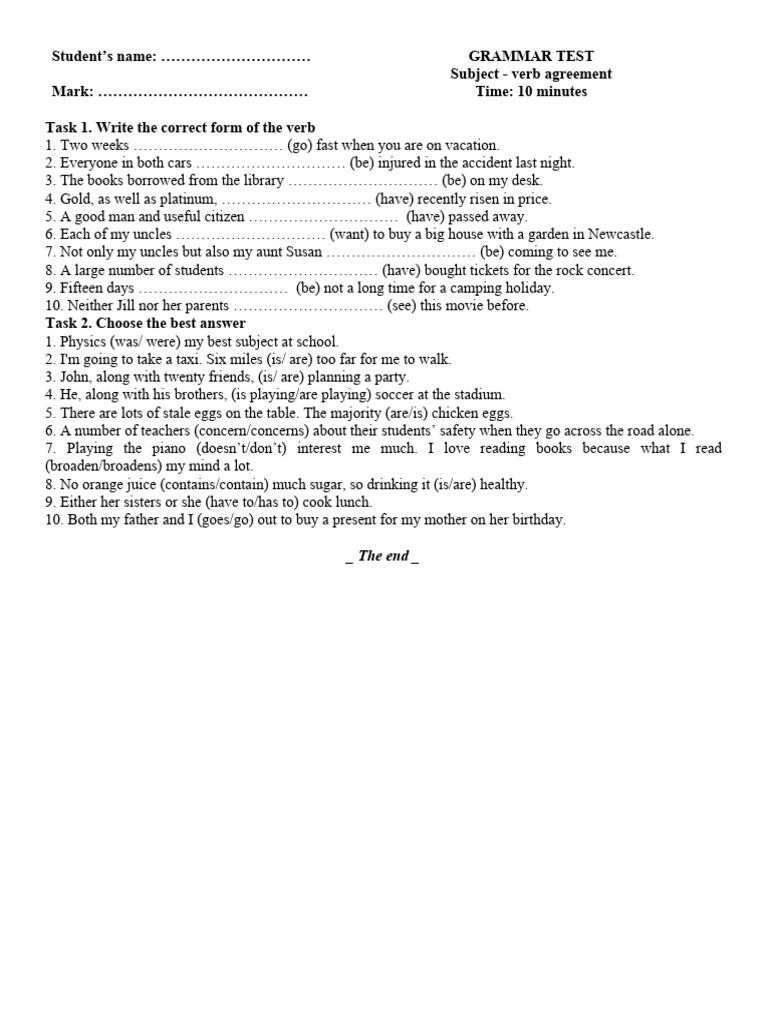 Grammar Test - Subject - Verb Agreement | PDF