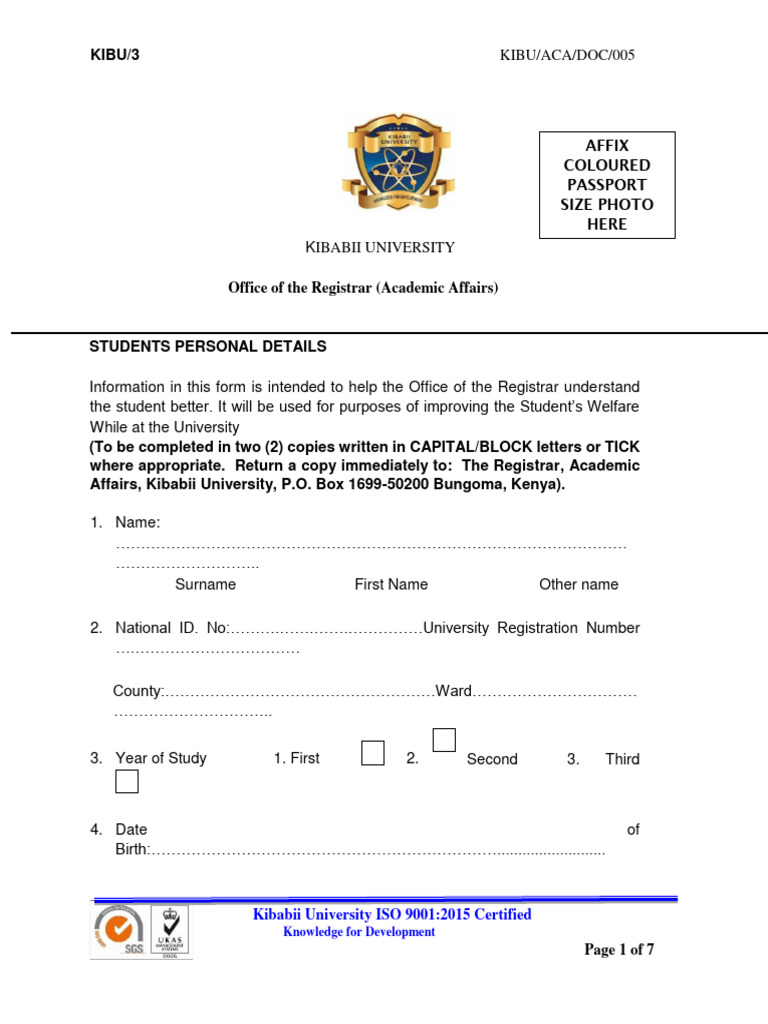 Kibu Student Personal Details Form | PDF | Landline | Telephone