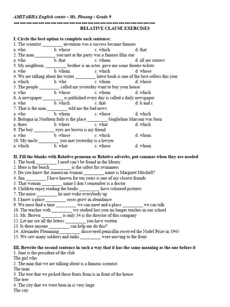 RELATIVE CLAUSE EXERCISES (cơ bản) | PDF