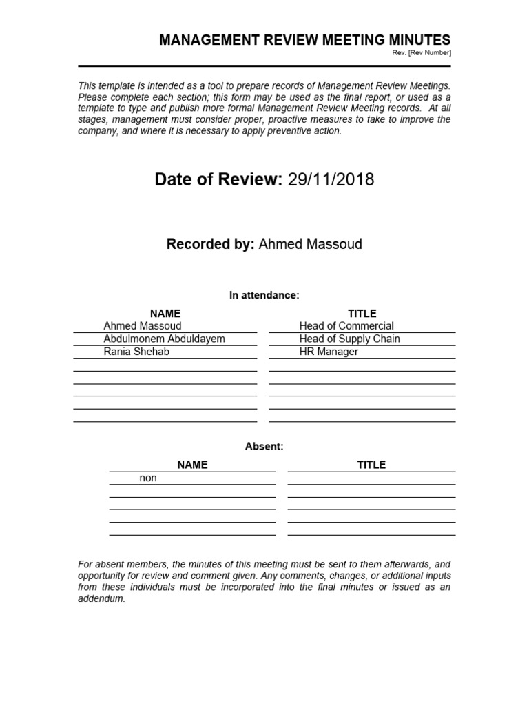 Form - Management Review Meeting Minutes | PDF | Audit | Risk