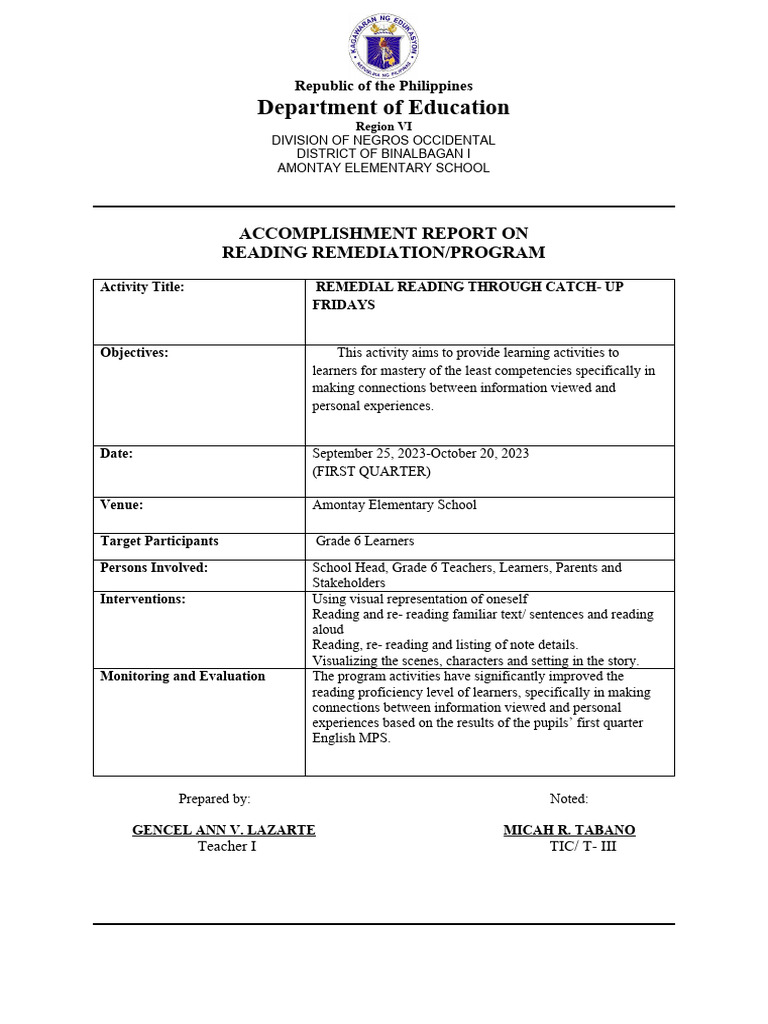 Accomplishment and Narrative Report Reading Program | PDF | Learning ...