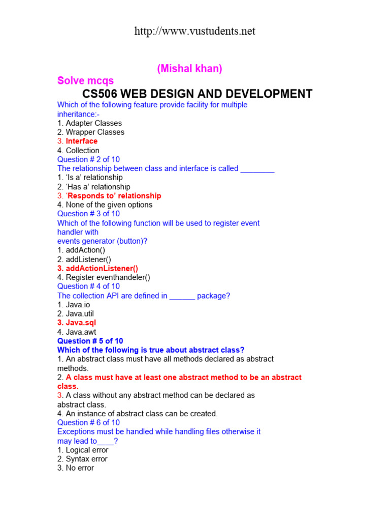 CS506 Solved MCQs | PDF | Class (Computer Programming) | Object (Computer Science)