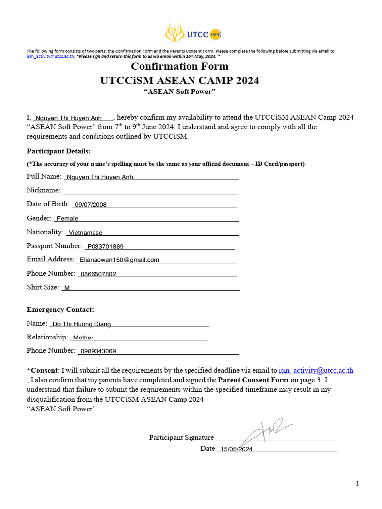Confirmation Form - ASEAN Camp 2024 | PDF