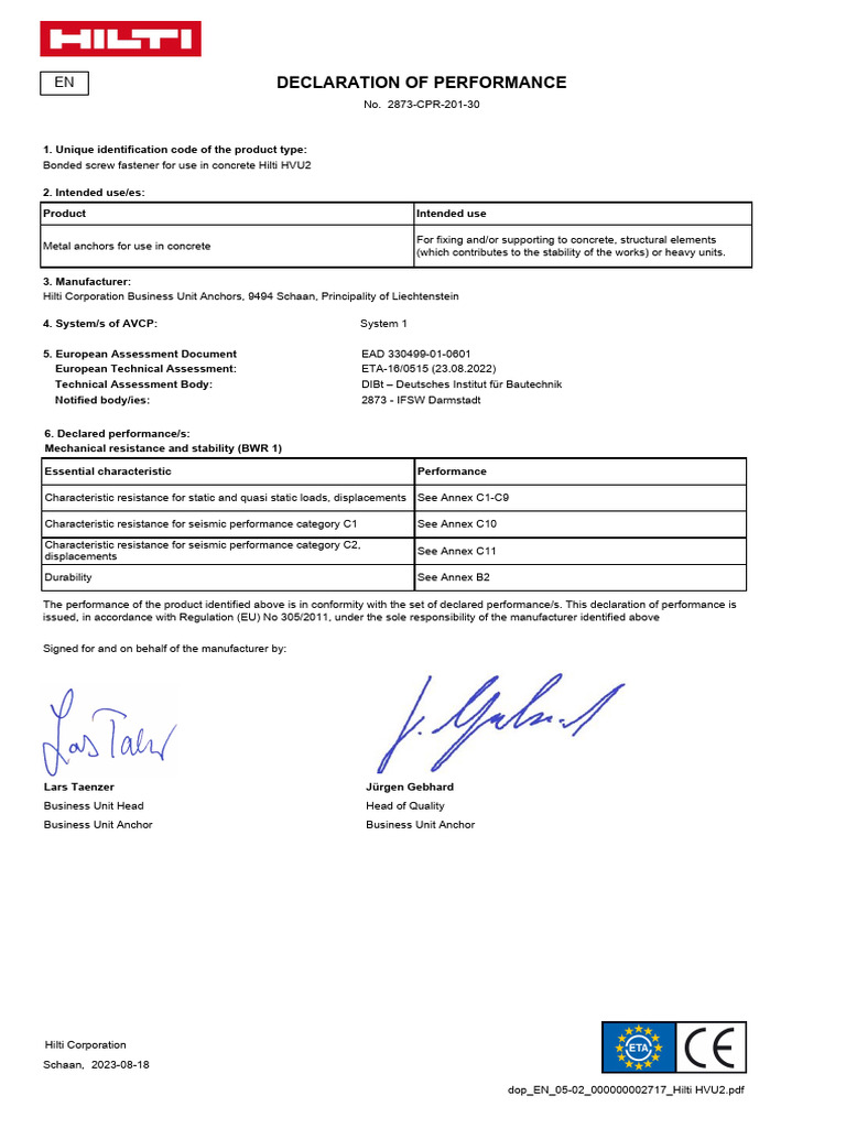 Declaration of Performance HVU2 EN Declaration of Performance IBD WWI ...