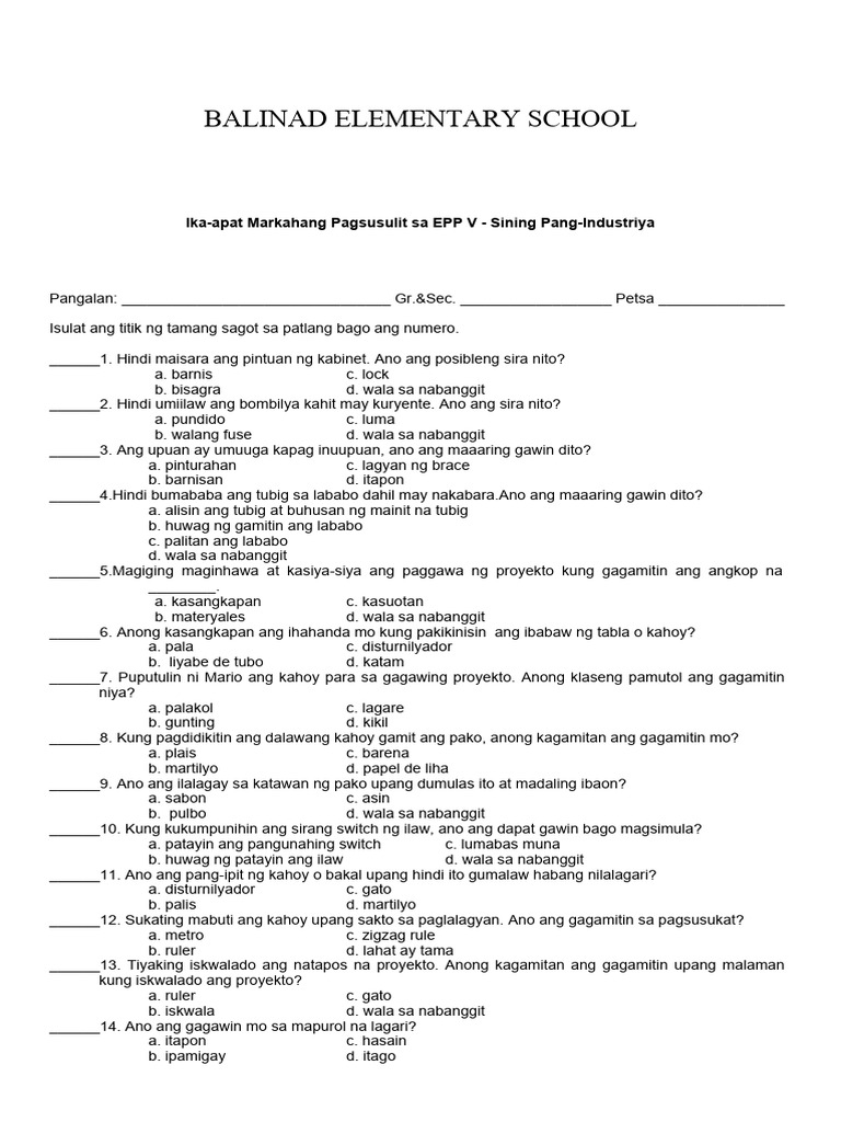 Balinad Elementary School: Ika-Apat Markahang Pagsusulit Sa EPP V - Sining Pang-Industriya | PDF