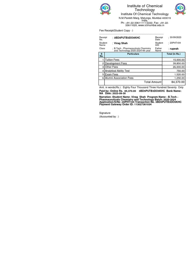 B.Tech Fee Receipt - Virag Shah | PDF | Technology & Engineering