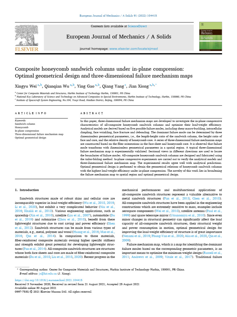 Composite Honeycomb Sandwich Columns Under in-plane Compression_Optimal Geometrical Design and ...