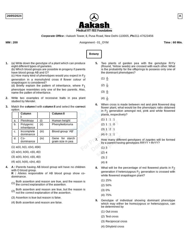 Assignment - 01 - OYM (Genetics) | PDF | Genotype | Dominance (Genetics)