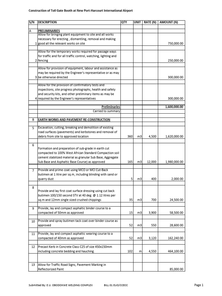 Boq For Toll Gate and Booth Construction | PDF | Road Surface ...